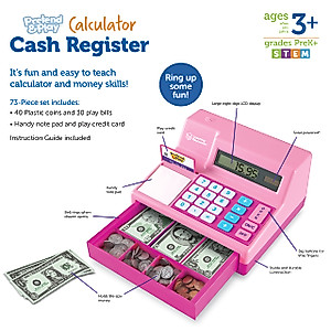 Learning Resources Pretend & Play Calculator Cash Register Pink - 73 Pieces, Ages 3+, Cash Register for Kids, Play Money for Kids, Toddlers Toys, Toy Register