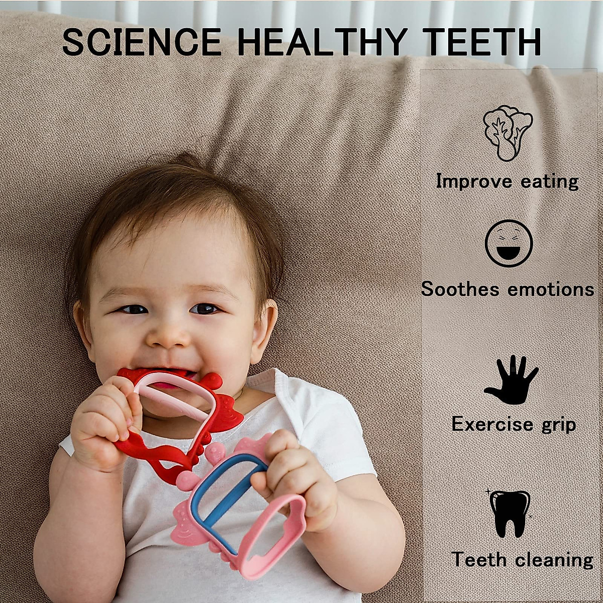 AmorBeBe Never Collect Dust Baby Teethers 2 Packs Anti-Dropping Teething Toys for Babies 0-6 Months 6-12 Months Silicone Wrist Teether Sensory Chew Montessori for Infants Hand Pacifier(Crab)