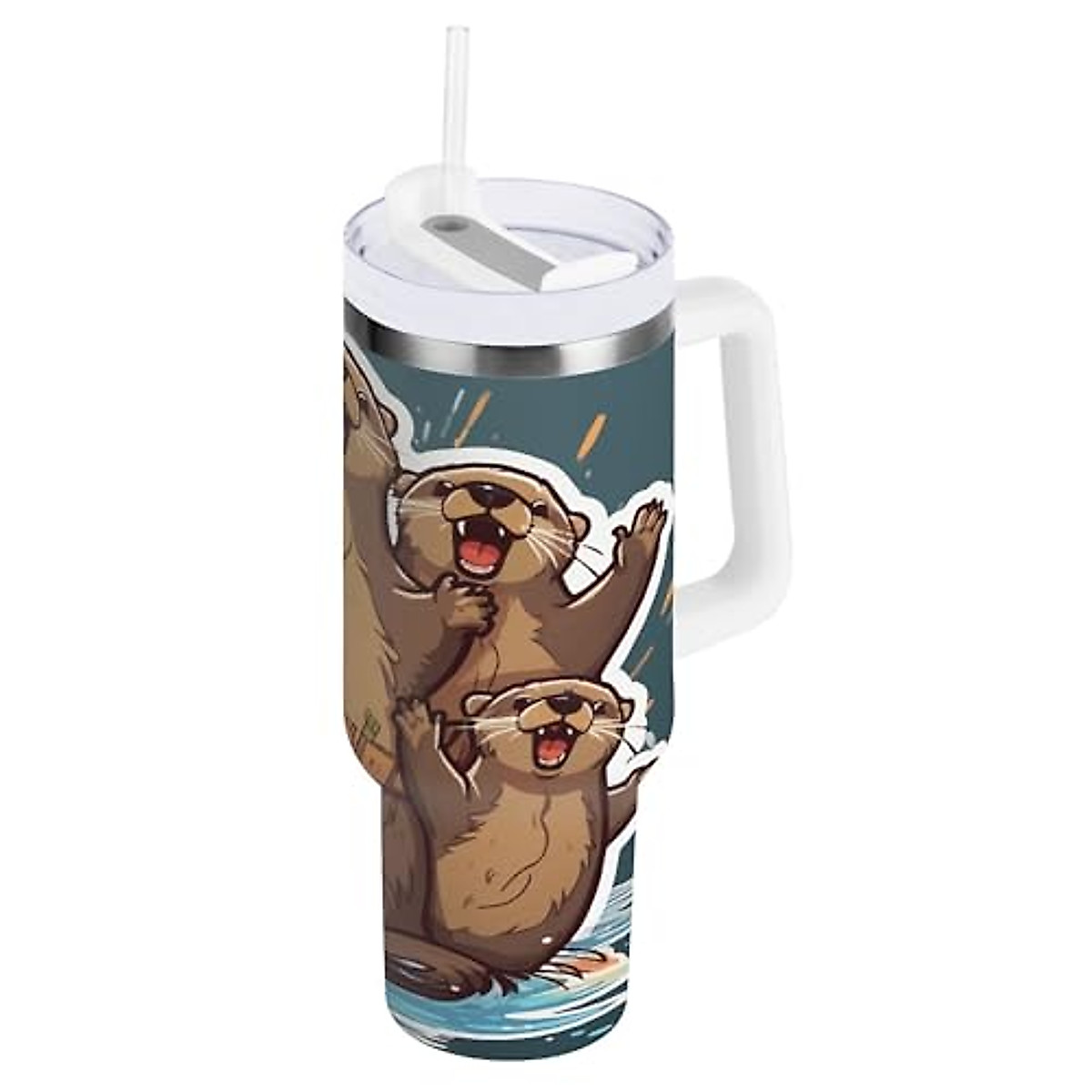 Exnundod 40 oz Tumbler with Handle Cheerful Sea Otters Insulated Stainless Steel Cup with Lid and Straw Travel Cup Leak-proof Fits in Car Cup Holder for Iced & Hot