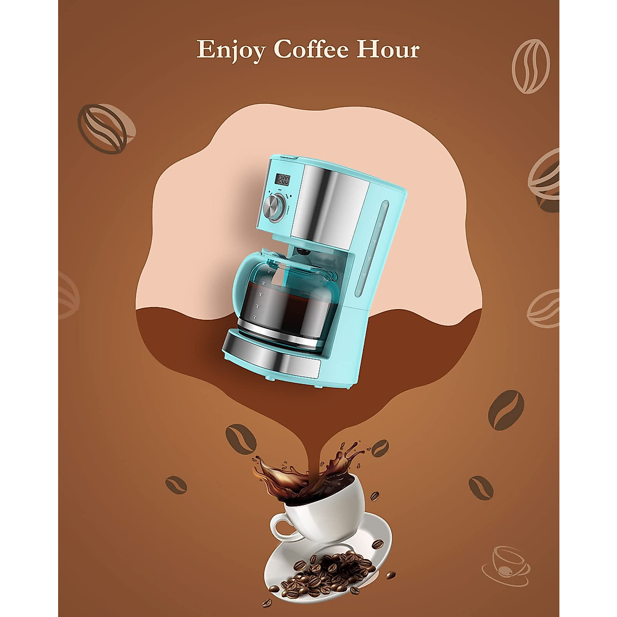 Wamife Coffee Maker - 12 Cup Programmable Drip Coffee Machine Coffee Brewer Timer Machine with Thermal Carafe Retro Coffee Makers for Home & Office (Blue Coffee Machine)