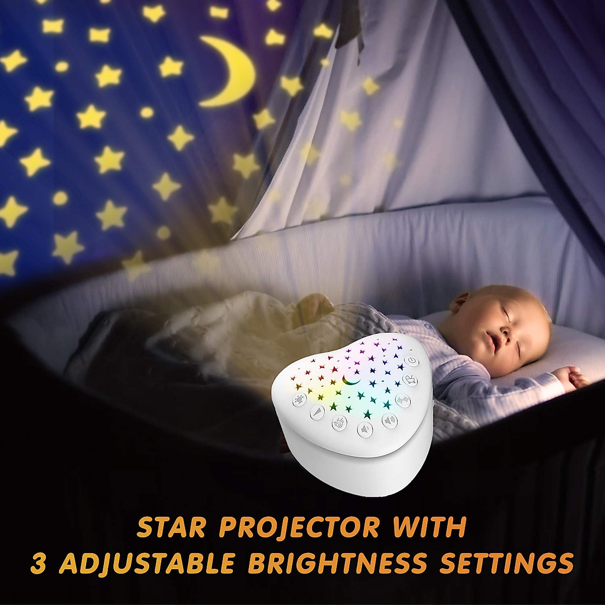 BEREST A13 White Noise Machine & Baby Sleep Soother with 15 Soothing Sounds & Projector Star Night Light, Cry Sensor, Rechargeable Lithium Battery, Portable for Baby, Toddlers, Attaches to Crib