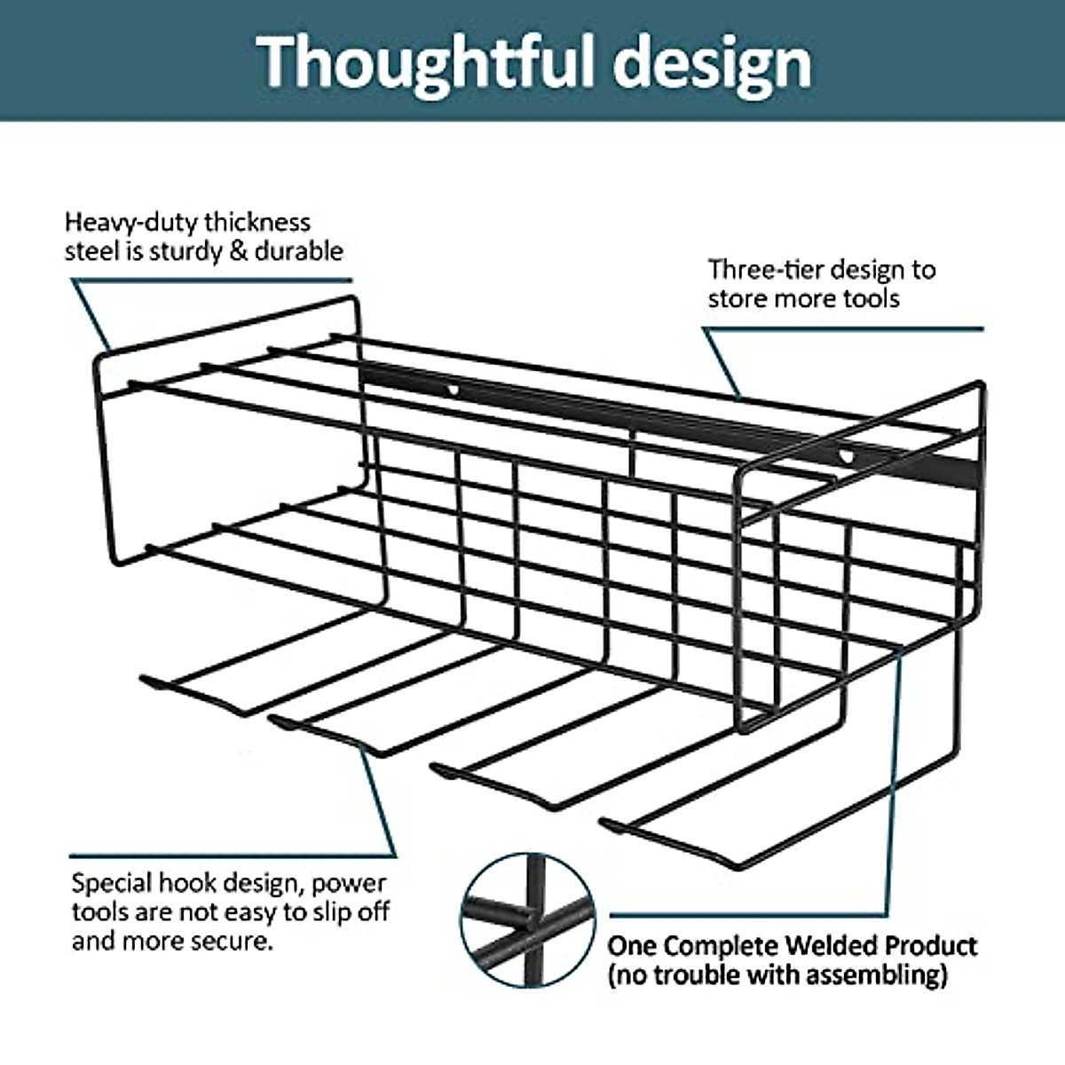 Soldow Power Tool Organizer Drill Storage Rack, Heavy Duty Floating Tool Shelf Wall Mounted, Cordless Drill Holder Hanging Steel Rack for Tools Storage Garage, Pegboard, Plank, Cement Wall