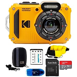 KODAK PIXPRO WPZ2 Waterproof Digital Camera Bundle, Includes: SanDisk 64GB MicroSD Memory Card, Spare Battery and More (6 Items) (Yellow)