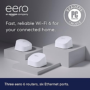 Amazon eero 6 mesh wifi system - Supports internet plans up to 500 Mbps, Coverage up to 4,500 sq. ft., Connect 75+ devices, 3-pack (3 eero 6 routers)