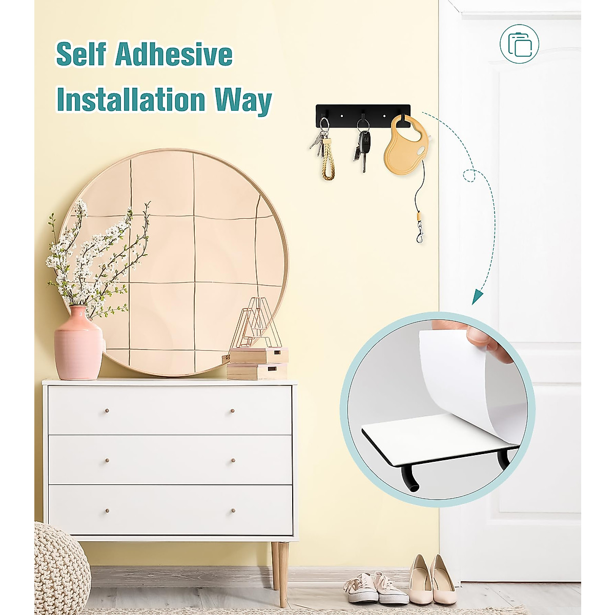 RELBRO Key Holder Wall Mount, Black Metal Key Hanger Self Adhesive Key Rail with 3 Key Hooks Key Rack Organizer 2 Options Installation for Entryway Hallway Kitchen RV Camper