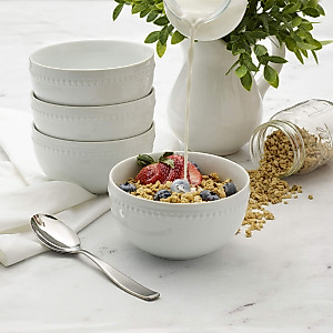 Everyday White by Fitz and Floyd Beaded 26 Ounce Porcelain Soup Cereal Bowls, Set of 4