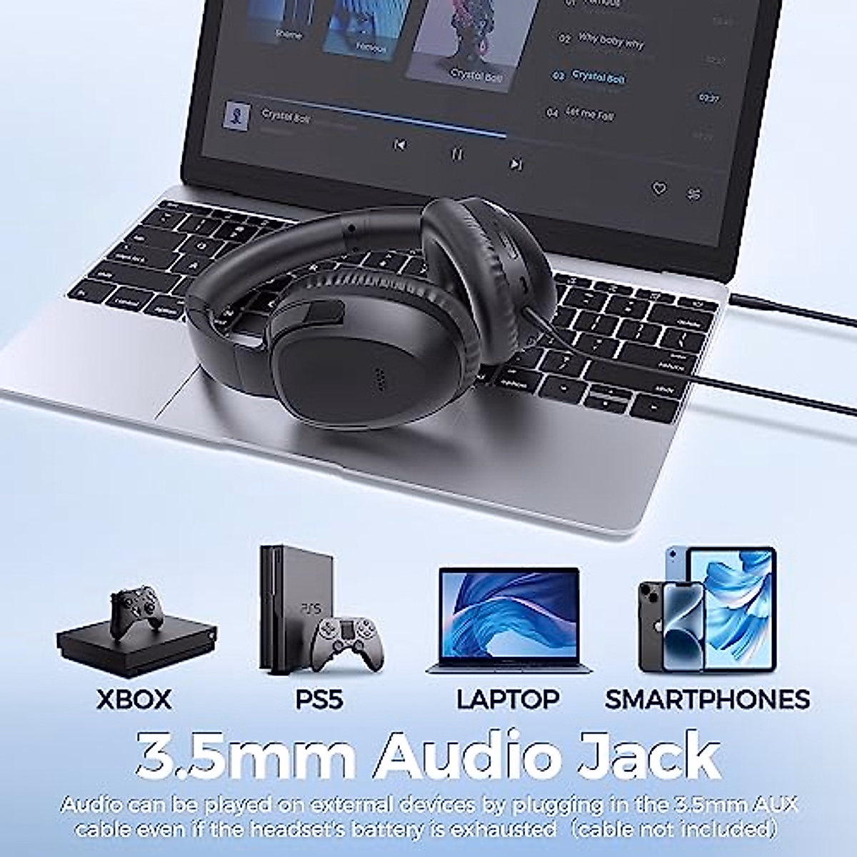 Fcyao S3 Active Noise Cancelling Flexable Headphones, Over Ear Wireless Foldable Bluetooth Headphones, 60H Playtime, Hi-Fi Stereo Sound, Travel Case Included, On-Ear Headset with Microphone, Black