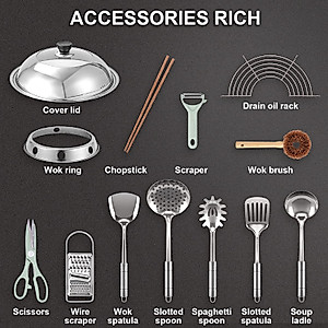 DZZIT 13" Carbon Steel Wok, 14 Pcs with Lid Round Bottom Wok Set, No Chemical Coated Chinese Wok, 12 Cookware Accessories, Wok with Detachable Wooden Handle, for Gas Stove or Cassette Furnace