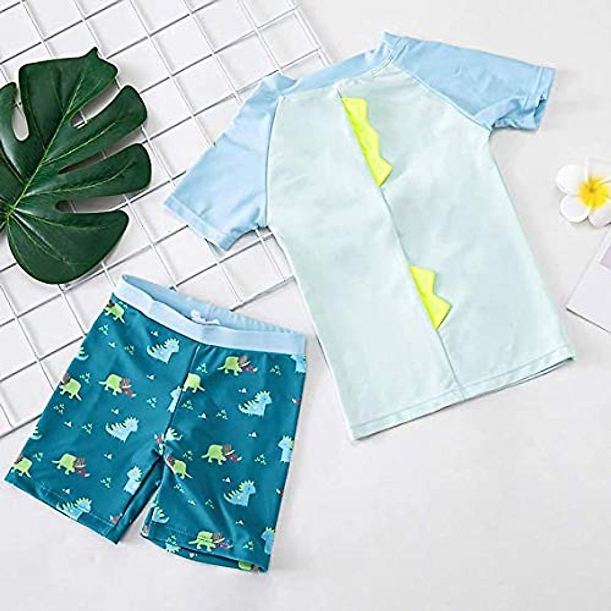 Baby Toddler Boys Two Pieces Swimsuit Set Boys Dinosaur Bathing Suit Rash Guards with Hat UPF 50+ FBA (Green Dinosaur, 2-3 Years)