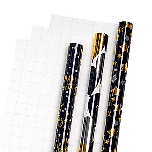 LeZakaa Birthday Wrapping Paper Roll - Mini Roll - Metallic Foil with Balloon, Star and Happy Birthday Lettering - 17 x 120 inches, 3 Rolls (42.5 sq.ft.ttl.)