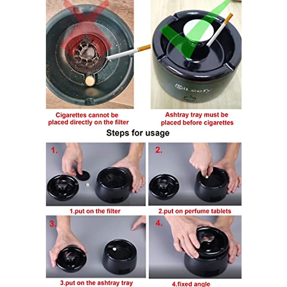 iLeefy 2 in 1 Air Purifier Multifunctional Smokeless Ashtray USB Rechargeable Ash Tray Electronic Ashtray with Filter, Best for Home Office or Car (Black)