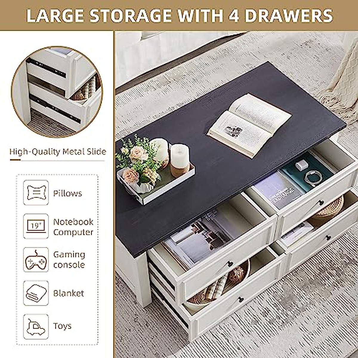 48” Modern Farmhouse Wood Coffee Table with 4 Large Storage Drawers; Decorative Rustic Living Room Coffee Table; Work from Home, Office and Living Room Storage for Books, Desk Supplies, Games, Blanket