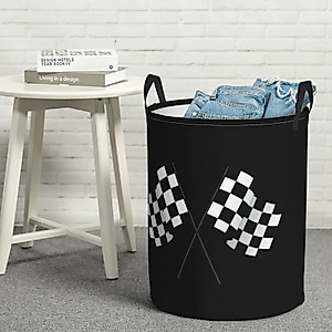 Checkered Flags Race Car Flag Laundry Basket Laundry Basket with Handle Waterproof Round Oxford Cloth Laundry Basket Storage Basket