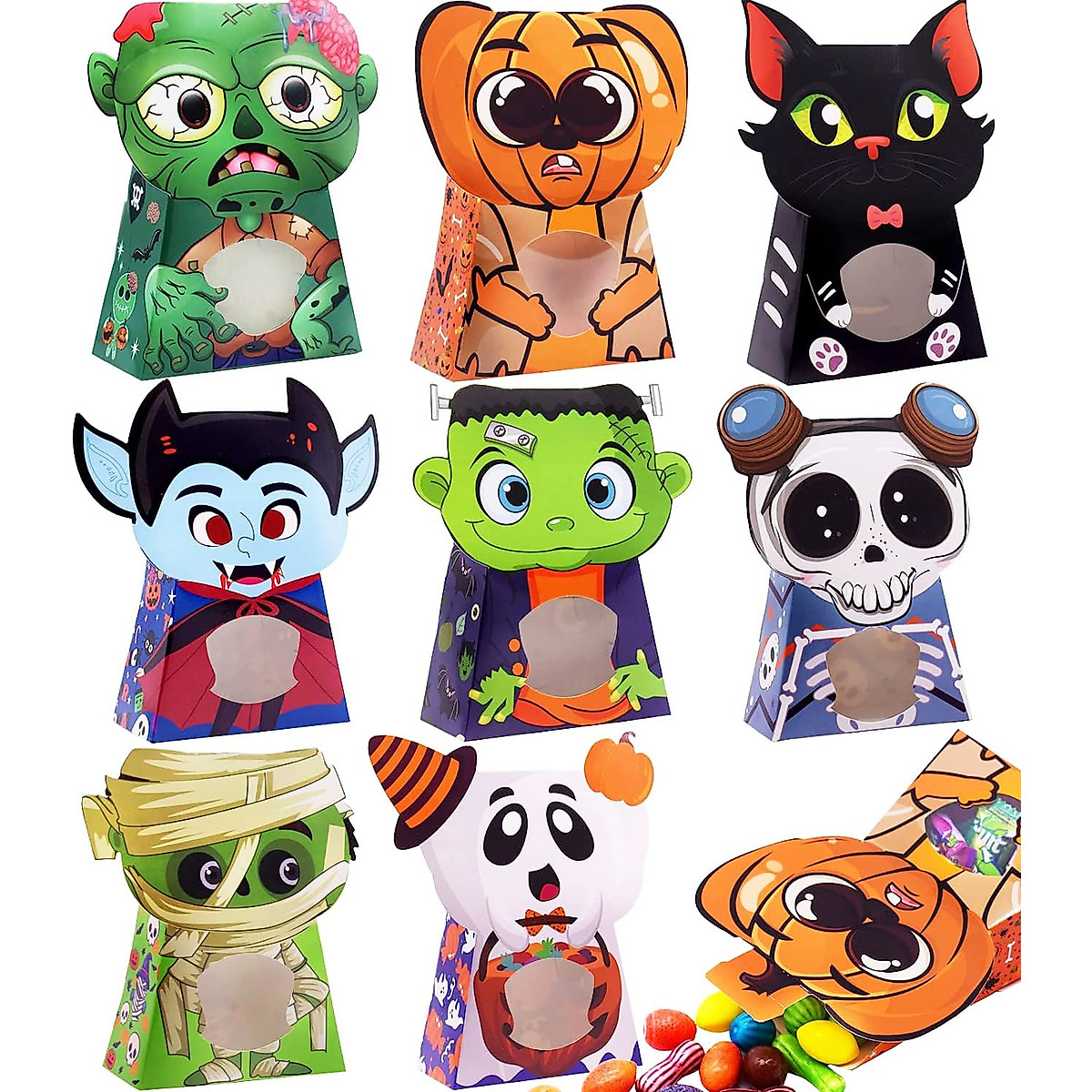 JX 24 Pack Halloween Treat Boxes with Clear Window,Halloween Goodies Candy Boxes,Tick or Treat Cookie Boxes Gift Bags Cardboard for Treats Halloween Party Favor Decoration Supplies,8 Styles