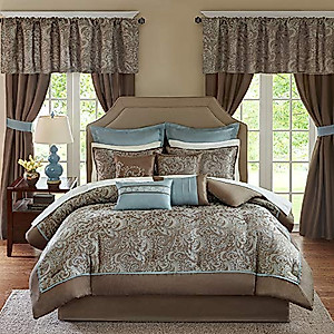 Madison Park Essentials Brystol 24 Piece Room in a Bag Faux Silk Comforter Jacquard Paisley Design Matching Curtains Down Alternative Hypoallergenic All Season Bedding-Set, King (104 in x 92 in), Blue