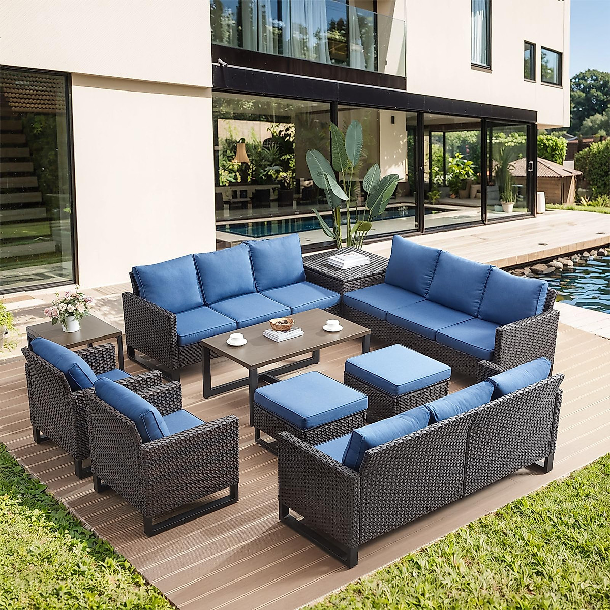 HUMMUH 10 Piece Patio Furniture Set PE Wicker 3 Outdoor Sectional Sofa Set with Patio Chairs Dinning Table Ottomans for Porch,Garden,Backyard,Deck(Brown/Blue)