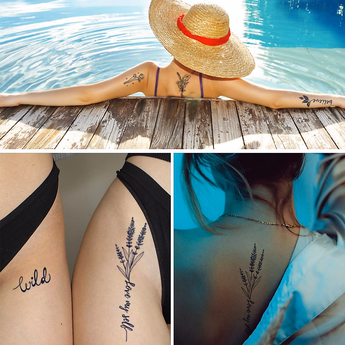 CHARLNET Semi-Permanent Tattoos for Women Girls - 2 Weeks Long Last Waterproof Realistic Flower Words Temporary Tattoos/Fades Naturally/Body Art Stickers