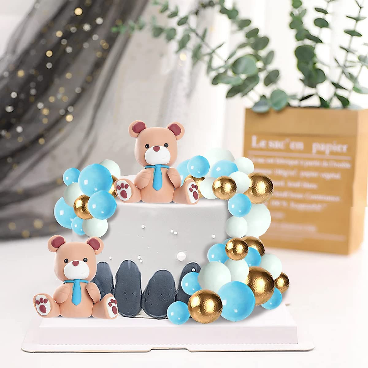 Bear Cake Toppers With Blue Gold White Cake Topper Mini Balloons, For Baby Shower Gender Reveal Party Birthday Party Bear Theme Party Supplies (Blue)
