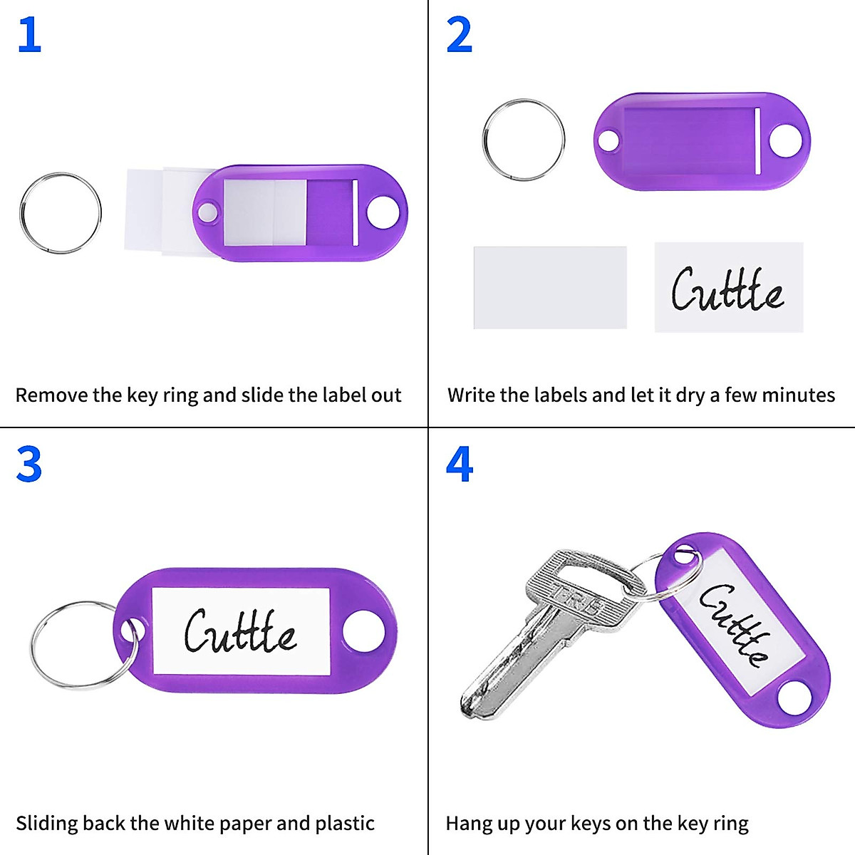 Cuttte 50 Pack Plastic Key Tags with Container, Key Labels with Ring and Label Window, 10 Colors