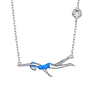Swimming Necklace 925 Sterling Silver Heart CZ Cute Swimmer Pendant Charm Necklace for Women Natator on a Swim Team, 16 inch