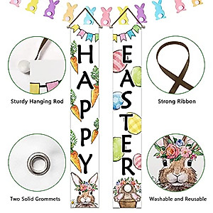 Deroro Happy Easter Bunny Rabbit Porch Banner Sign, Eggs Carrot Front Door Decorative Hanging Welcome Banner Flag, Seasonal Spring Decoration Home Outdoor Decor