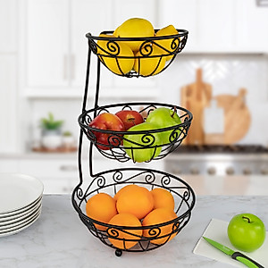 Spectrum Diversified Scroll Arched Server Stacked, 3-Tier Fruit Bowls Counters, Traditional Kitchen Décor & Fruit Basket Stand, Black