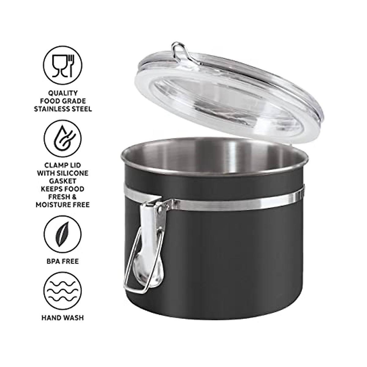 Oggi Stainless Steel Kitchen Canister 26oz, Black - Airtight Clamp Lid, Clear See-Thru Top - Ideal for Kitchen Storage, Food Storage, Pantry Storage. Size 5" x 3.5". (5300.3)