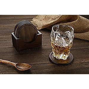 100% Natural Wood Coaster,Coffee Coaster, Beer Coaster.Walnut Dark Wood Coaster, 7-Piece Coaster Set, Holder Included (Black Walnut)