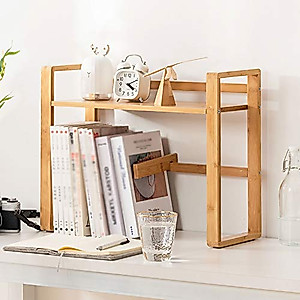 PHONME Bookcase Shelf Natural Bamoo Ware Desktop Bookshelves ，Office Desktop File Rack Storage Rack Display Rack ，Student Dormitory Desktop Standing Bookshelf Standing Book Shelves Desk Organiser