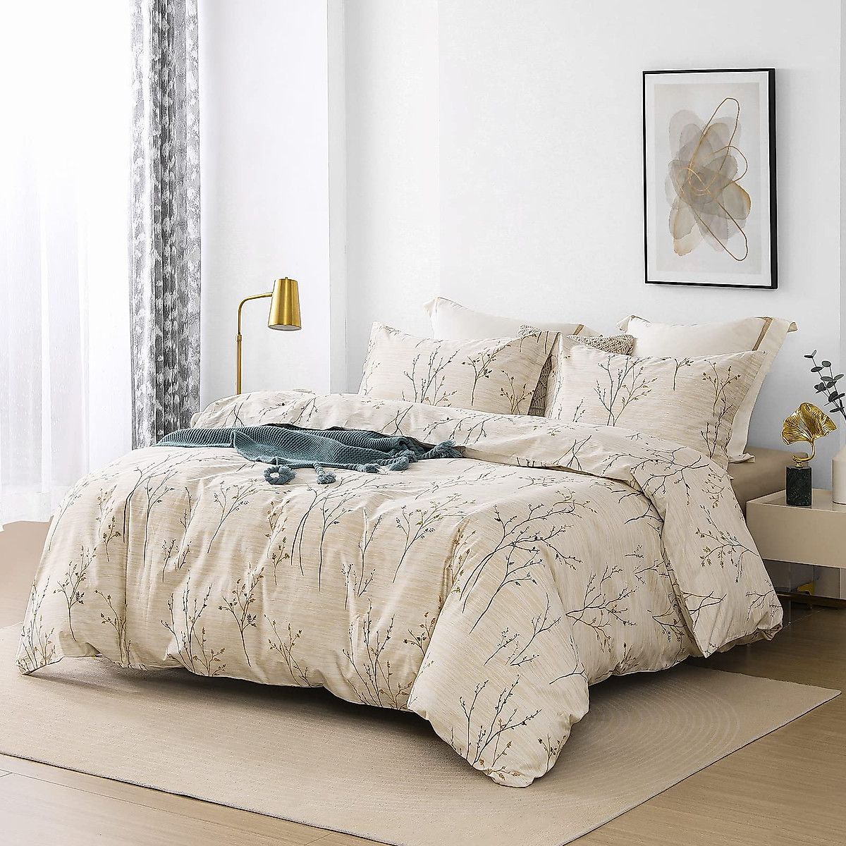 homebox Cotton Duvet Cover Set - 100% Egyptian Cotton Cream Branch Print Bedding Set Queen Size - 1200 Thread Count Breathable and Textured Duvet Cover Set for All Seasons(Queen, 90x90'')