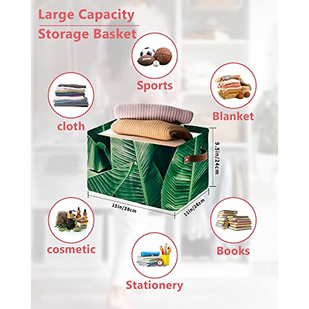 Storage Basket Summer Green Banana Leaves Storage Bin with Handles, Tropical Nature Plant Collapsible Organizer Storage Cubes Bins for Closet, Laundry Clothes, Bathroom, Nursery Toys