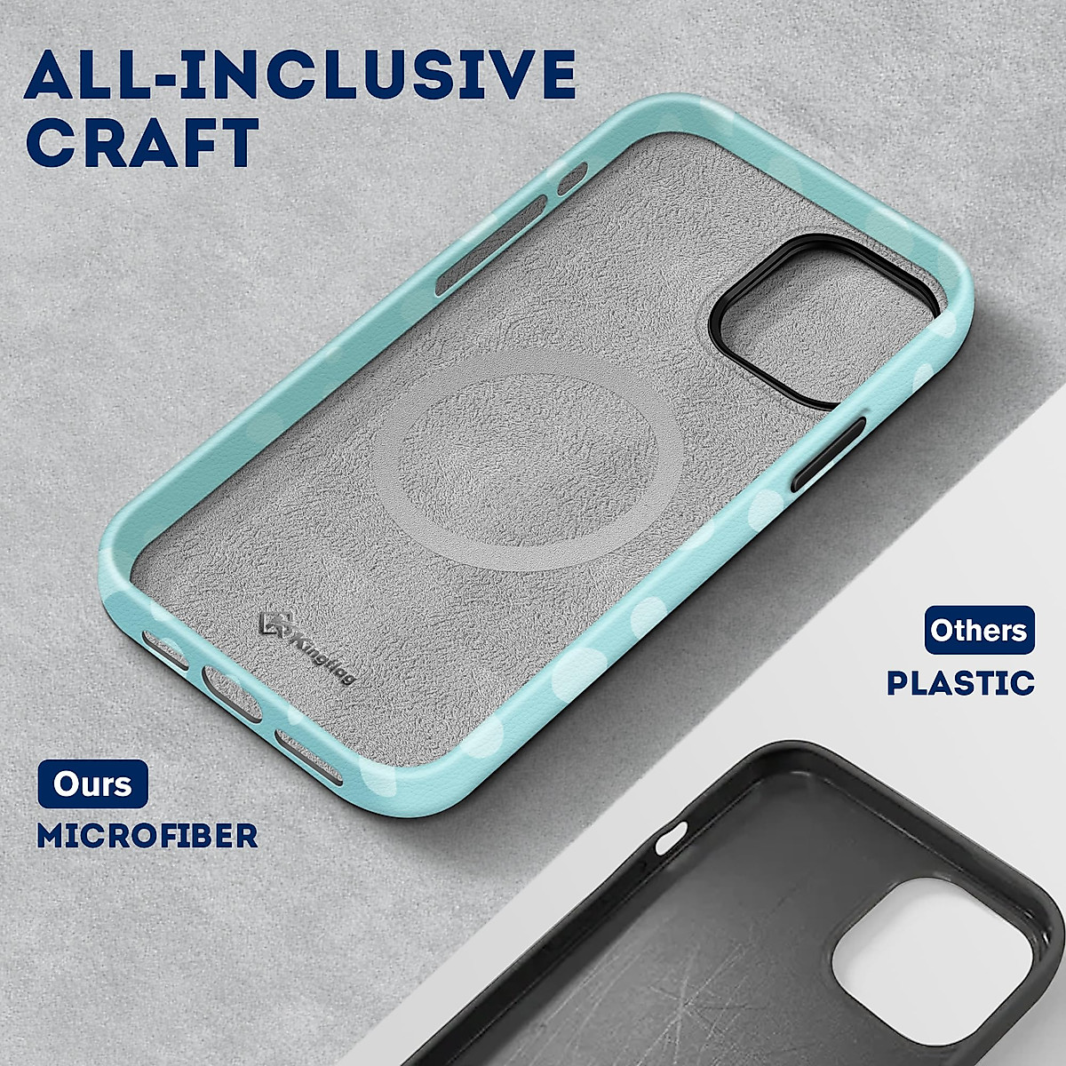 kingflag Vegan Leather Magnetic Case for iPhone 15 Pro Max Wireless Charging, Metal Buttons, Shockproof Protective Phone Case Cover for Women Men 6.7" (Teal with White Dots)