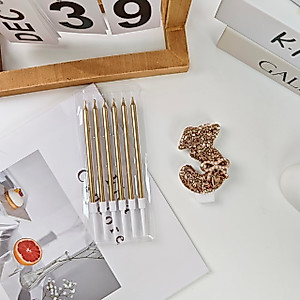 7PCS Gold Bow Pendant Birthday Number 3 Candles Glitter Sequins Pearl Birthday Cake Number Candle for Cake Decoration Women Girls Birthday Anniversary Commemorative Party Supplies 3