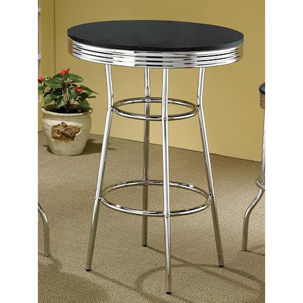 Coaster Home Furnishings Retro 1950s Soda Fountain Diner Pub Height Game Room Bar Table Black Laminate Top Sturdy Steel Chrome Base 2405