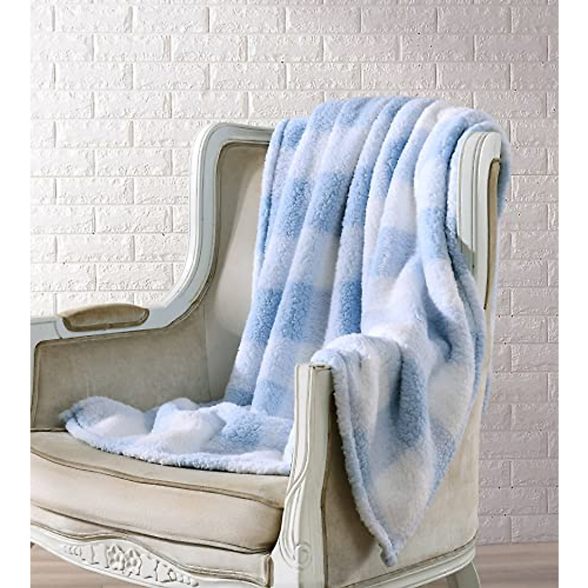 Shabby Chic® - Throw Blanket, Plaid Sherpa Bedding with Solid Reverse, Cozy Home Decor for Bed or Couch (Gingham Blue)