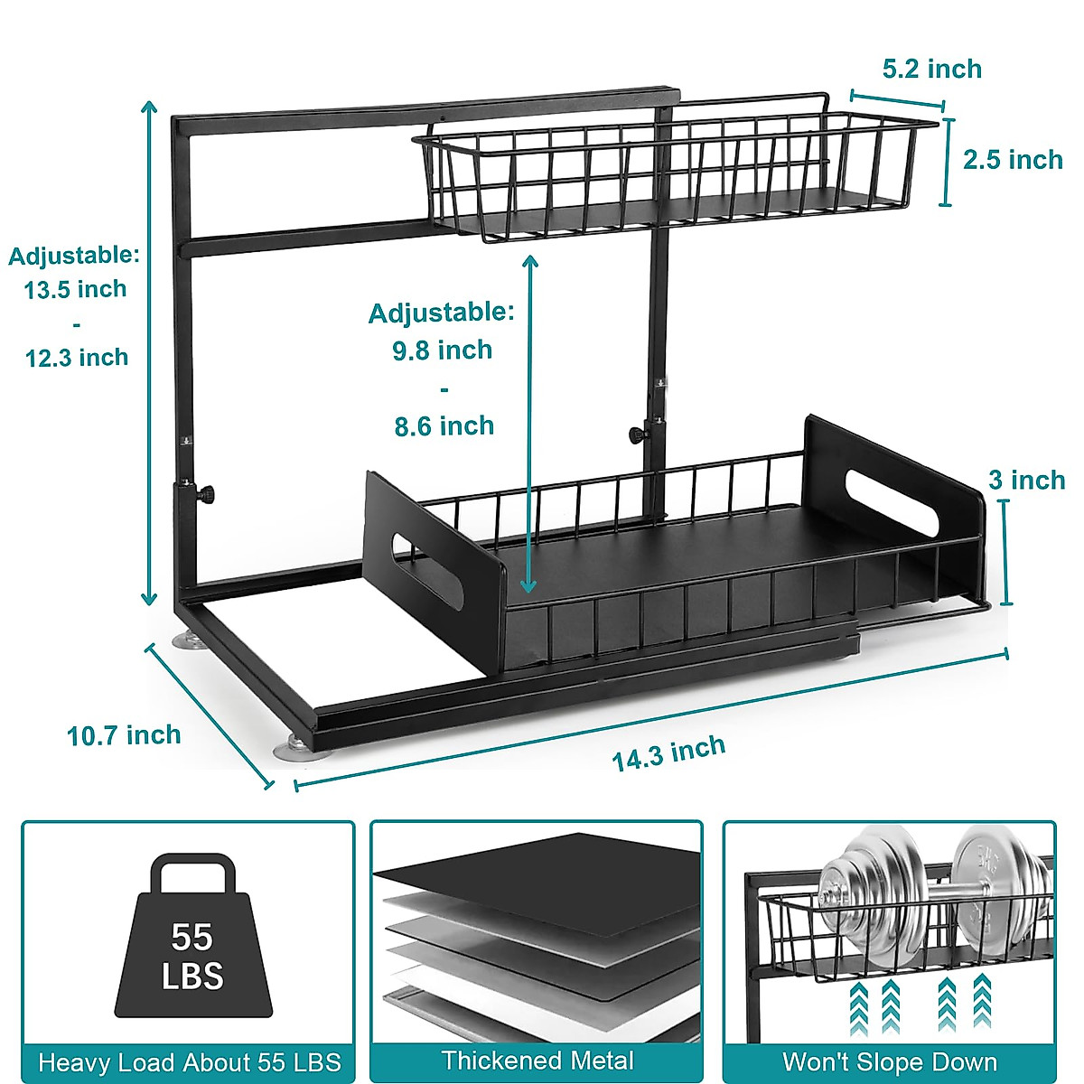 Coyeth Under Sink Organizer, Height Adjustable Metal 2-Tier Pull Out Cabinet Organizer Under Kitchen Sink Organizer, L Shaped Slide Out Sink Shelf, Under Cabinet Storage for Kitchen Bathroom