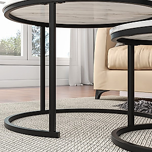 HOJINLINERO Nesting Round Coffee Table Set of 2 End Tables for Living Room,Circular and Marble Coffee Table Wooden Accent Furniture with Metal Frame,Stacking Side Tables,Black