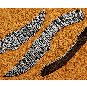 9.25 inches long trailing point blank blade skinning knife, hand forged Ladder Pattern Damascus steel blade, 4.5" scale with 3 Pin hole, 4.25" trailing point blade with 4" cutting edge