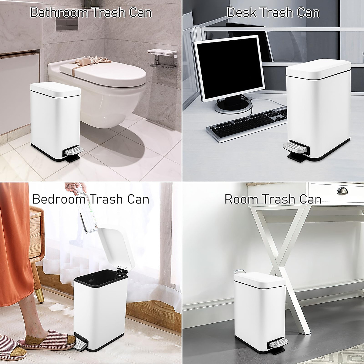 M-Aimee Slim Trash Can and Toilet Brush Combo, Stainless Steel Garbage Can, 1.3 Gallon / 5 Liter, Rectangle Step Small Garbage bin, Soft Close, Removable Plastic Bucket (White)