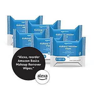 Amazon Basics Make Up Remover Wipes, Fragrance Free, 150 Count (6 Packs of 25) (Previously Solimo)