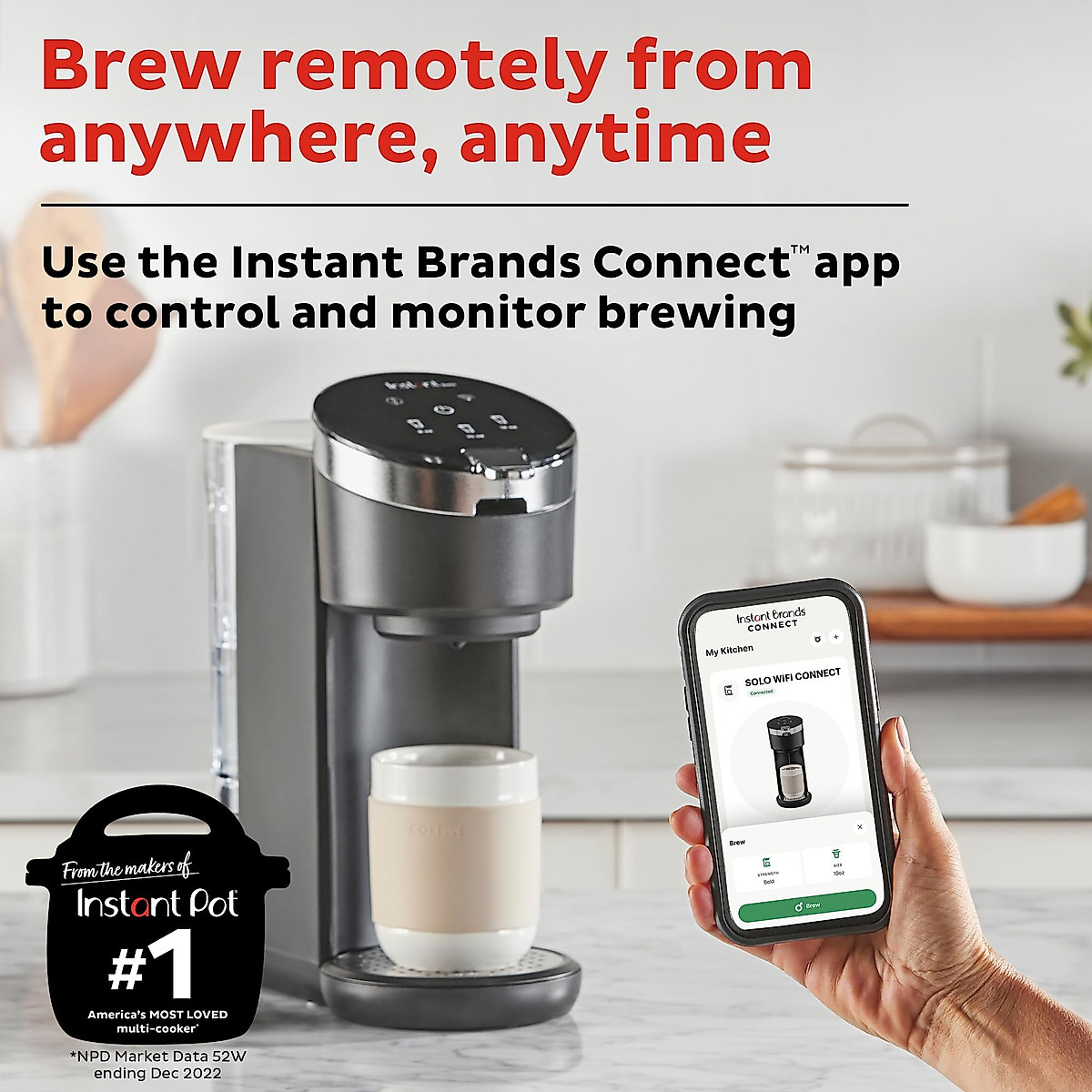 Instant Solo WIFI Connect Single Serve Coffee Maker, From the Makers of Instant Pot, Coffee Brewer, Includes Reusable Coffee Pod & Bold Setting, Brew 8 to 12oz., 40oz. Water Reservoir, Black