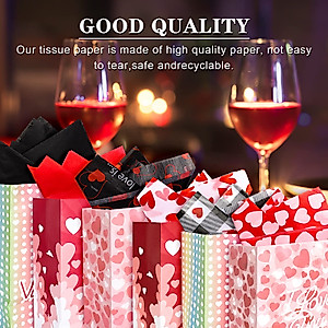 Whaline 90 Sheets Valentine's Day Tissue Paper Plaid Heart Love Prints Gift Wrapping Paper Red Black Decorative Art Paper for Wedding Anniversary Birthday DIY Crafts Gifts Decor Supplies, 6 Design