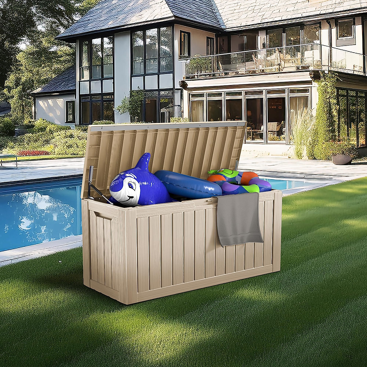 GYMHILL Outdoor Deck Box Waterproof Resin Storage Box with Lockable Indoor Outdoor Storage Bin for Patio Cushions,Patio Furniture, Gardening Tools,Pool Accessories (80 Gal Grey)