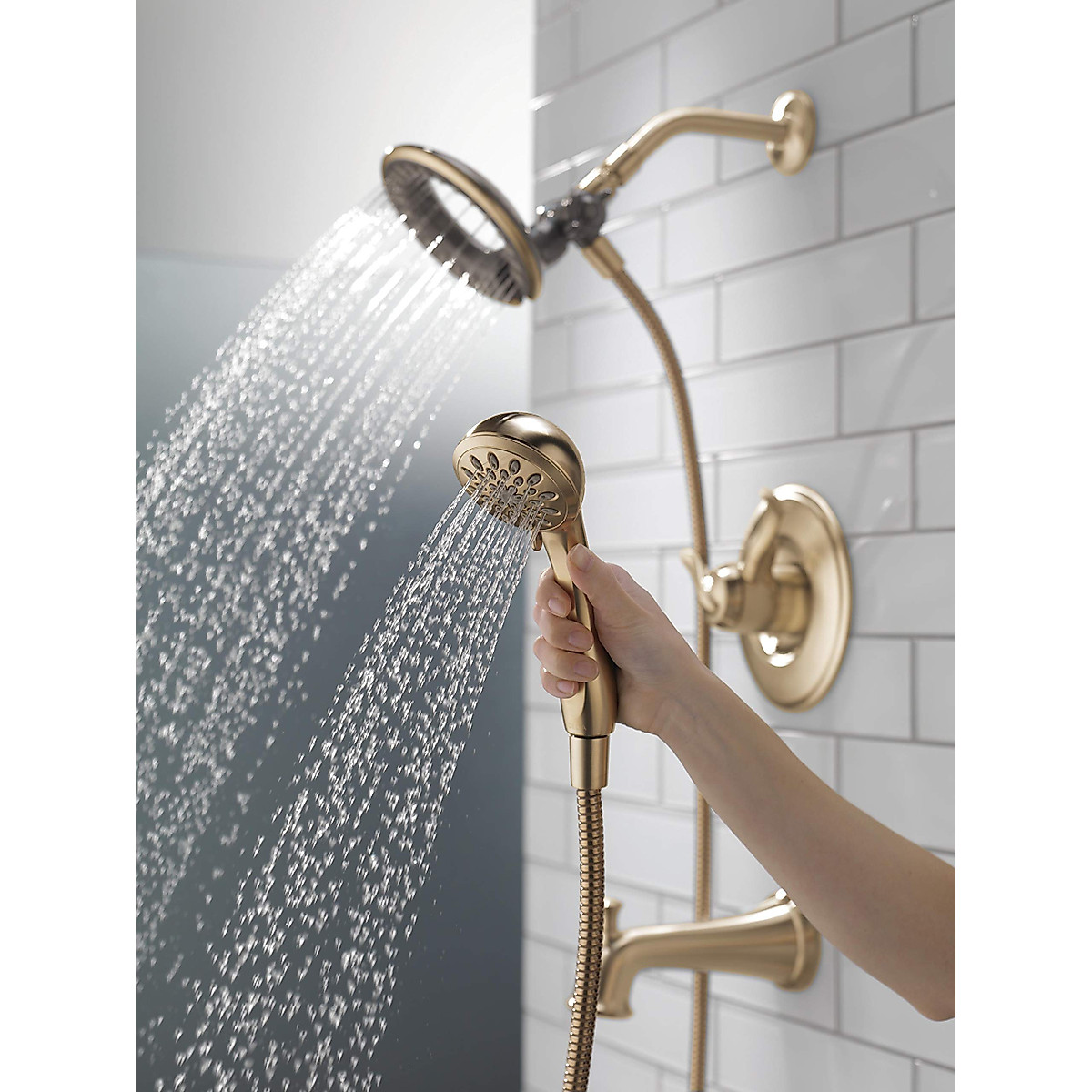 Delta Faucet Linden 17 Series Dual-Function Tub and Shower Trim Kit, Shower Faucet with 4-Spray In2ition 2-in-1 Dual Hand Held Shower Head with Hose, Champagne Bronze T17494-CZ-I (Valve Not Included)
