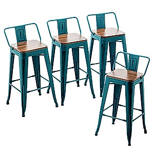 Alunaune 26" Metal Bar Stools Set of 4 Industrial Counter Height Barstools Kitchen Counter Stool Modern Wood Seat-Distressed Teal