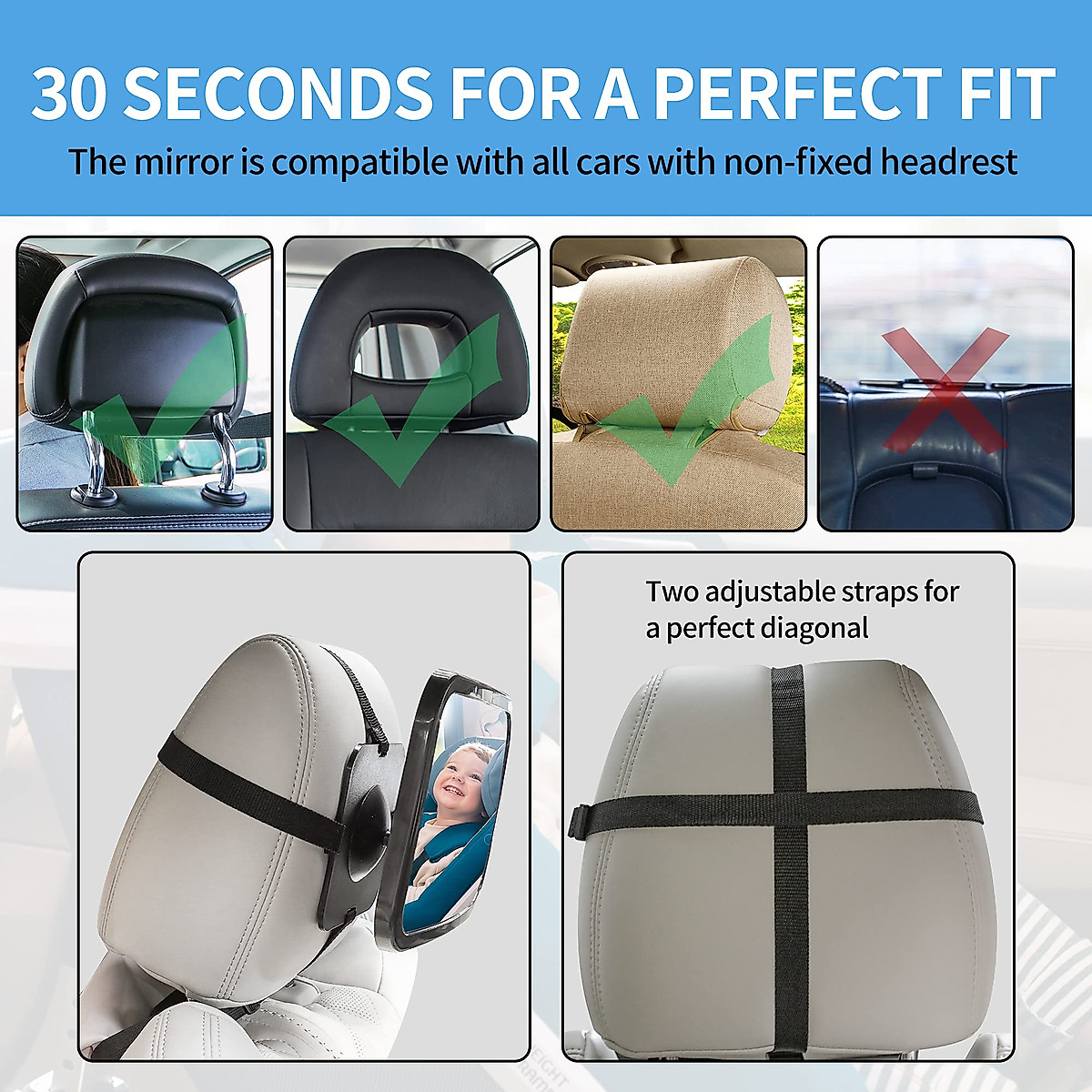 SZJHKJ Baby Car Mirror, Safety Car Seat Mirror for Infants, Wide Crystal Clear View, No Assembly Required, Adjustable, Crash Tested and Anti-Fall Double Seat Belt