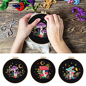Nuberlic 3 Pack Embroidery Kit for Adults Beginners, Stamped Cross Stitch Mushroom Patterns with Hoop, Thread, Needles & Step-by-Step Guide Easy DIY Starter Kit