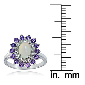 GemStar USA Sterling Silver Ethiopian Opal, African Amethyst and White Topaz Oval Flower Ring