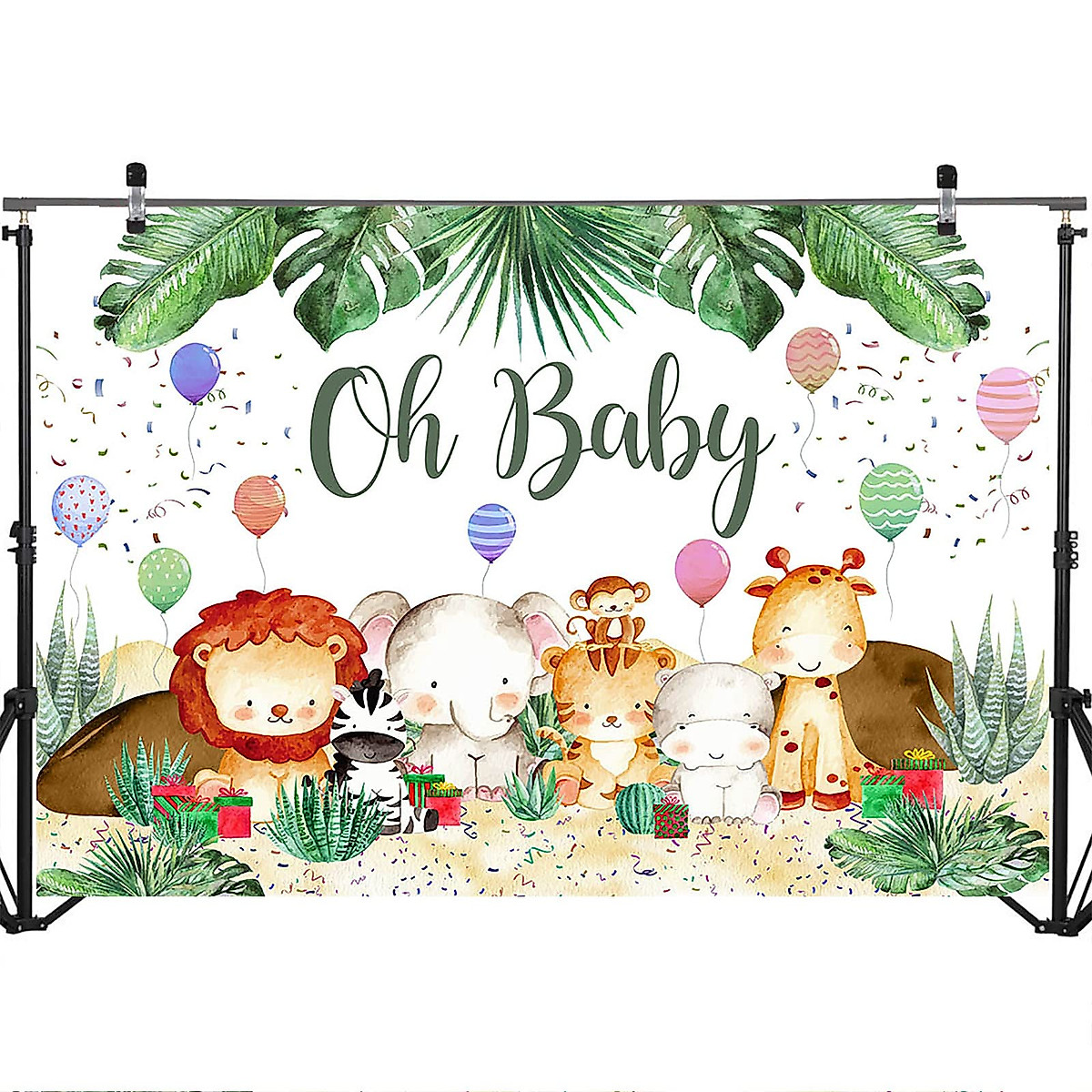 Mocsicka Oh Baby Backdrop 7x5ft Jungle Safari Animals Greenery Balloons Baby Shower Party Decorations Cute Cartoon Animals Gift Boxes Baby Shower Photography Background