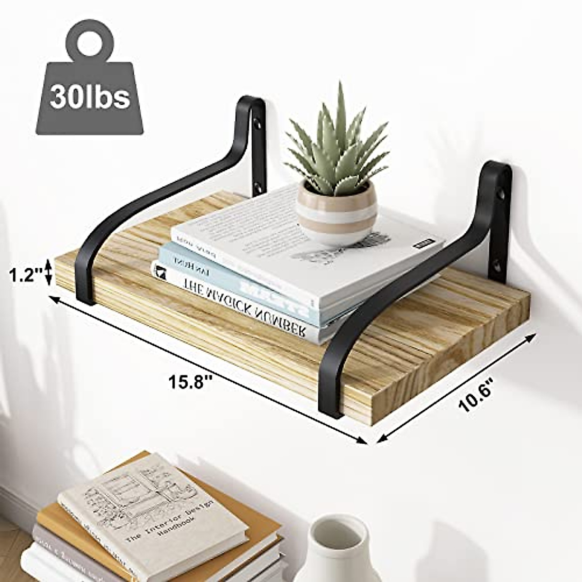 Fixwal Floating Shelves, Wall Mount Rustic Wood Wall Shelves with Large Storage, for Kitchen Living Room Bathroom Bedroom, Set of 3 Carbonized Black (15.8 x 10.6 x 1.2in)